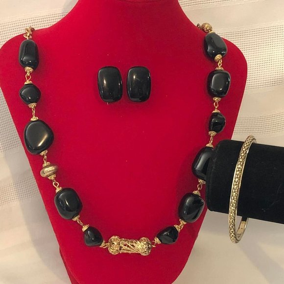 Monet | Jewelry | 3pc Gold Toneblack Necklace Bracelet Monet Clip ...